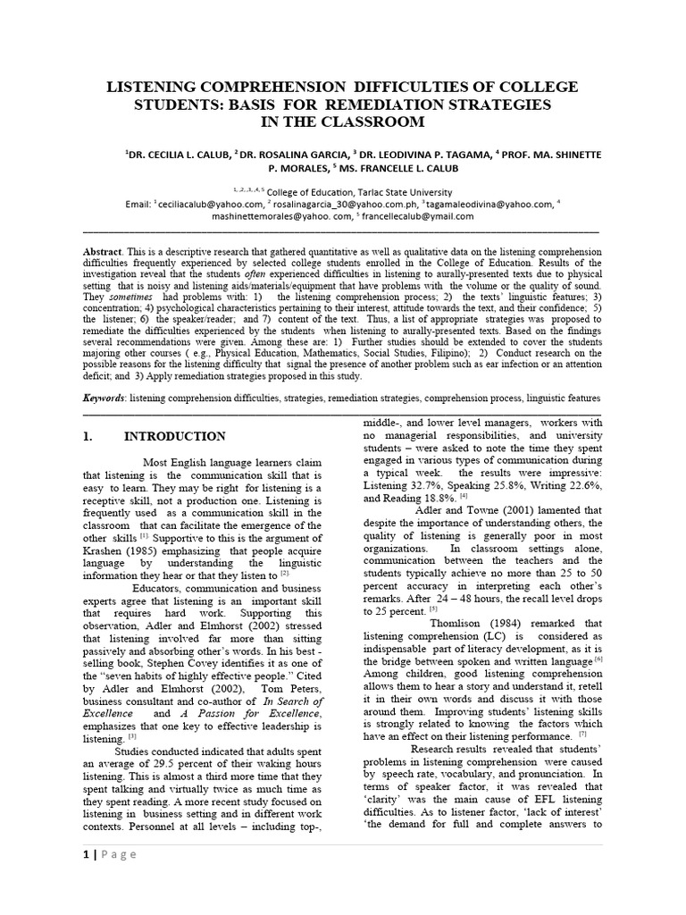 Listening Comprehension Difficulties Of College Students Basis For