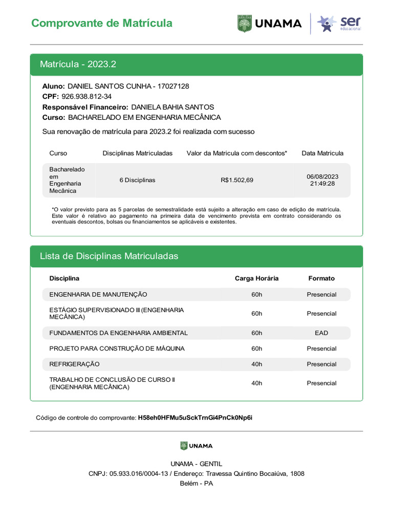 Comprovante Matricula | PDF