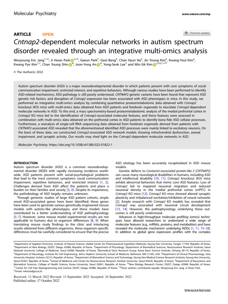 Cntnap2-Dependent Molecular Networks in Autism Spectrum Disorder ...