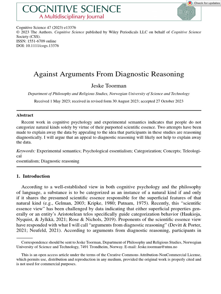 Against Arguments From Diagnostic Reasoning | PDF | Reason | Essentialism