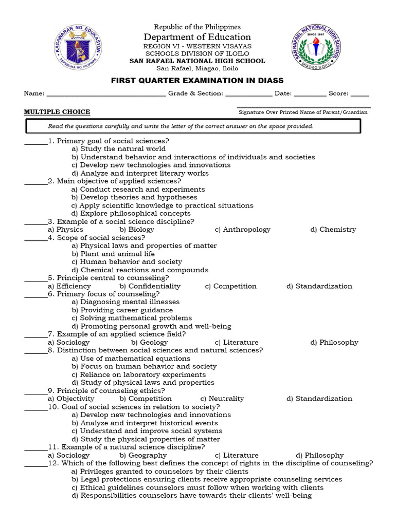 DIASS_1st-QE_2023-2024 | Download Free PDF | Counseling Psychology | Science