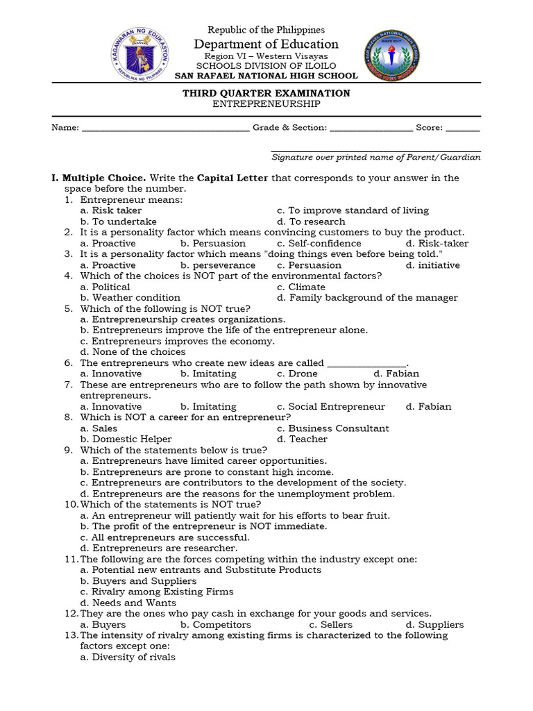 Third Quarter Exam in Entrepreneurship | PDF | Market Segmentation ...