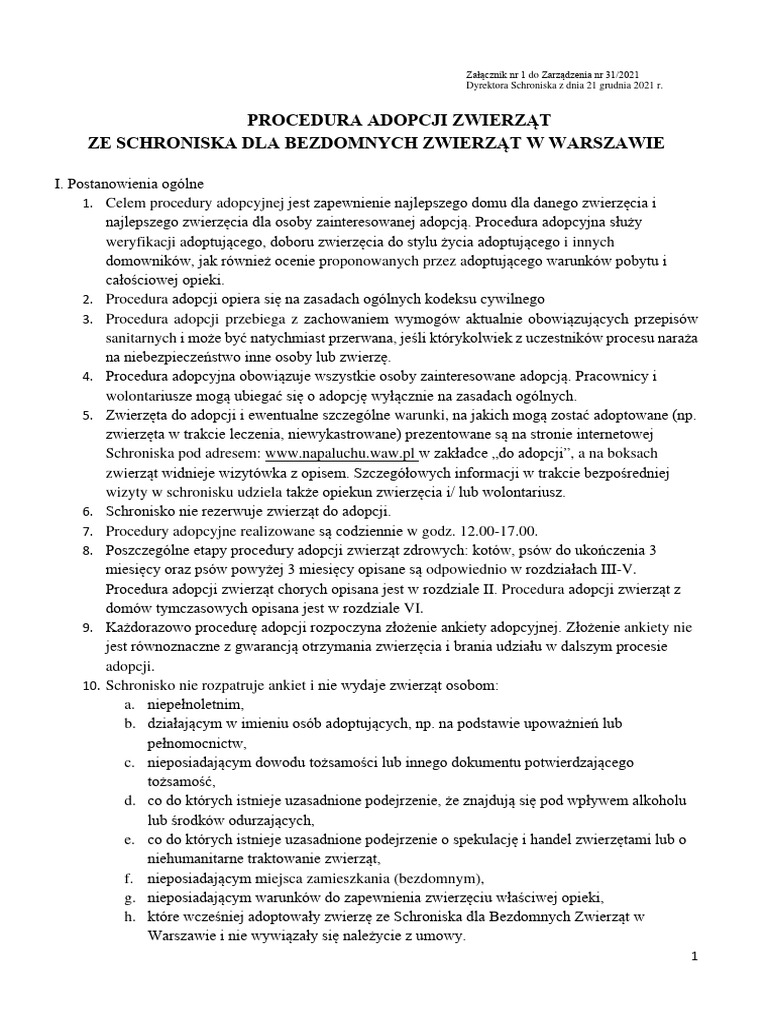 Procedura Adopcji Zwierzecia Ze Schroniska Od 01.01.2022 R. Zalacznik Do Zarzadzenia NR 31 2021 ...