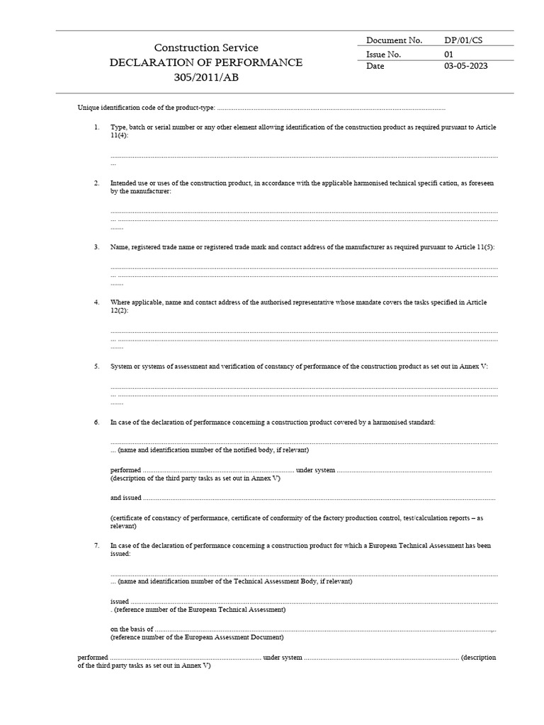 Construction Product Performance Declaration | PDF | Regulation