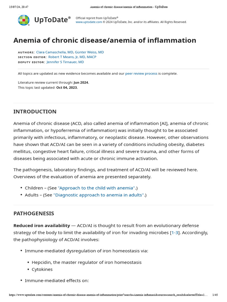 Anemia of Chronic Disease - Anemia of Inflammation - UpToDate | PDF ...