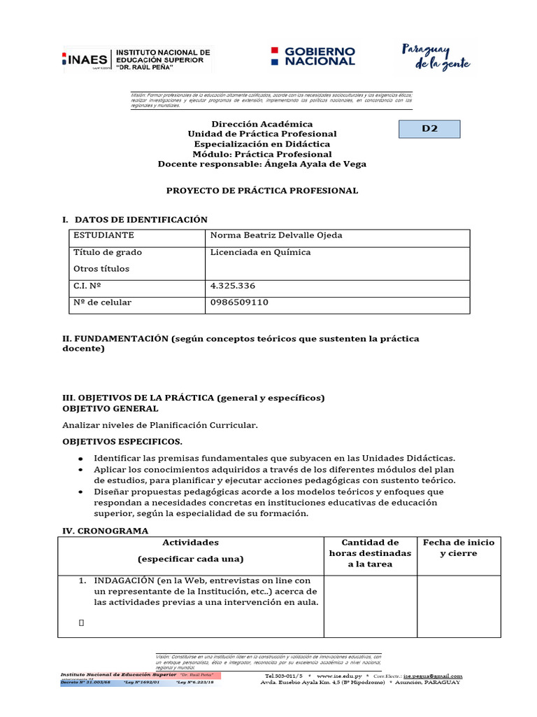 D2 - Formato de Proyecto de Práctica Profesional | PDF | Maestros | Aprendizaje