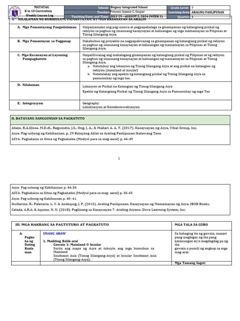 DLL Matatag - Ap 7 Q1 W1 | PDF