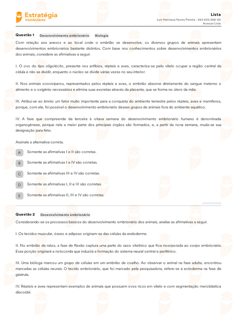 Lista - Química Orgânica e Sistema Endócrino - PUC | PDF | Fertilização ...