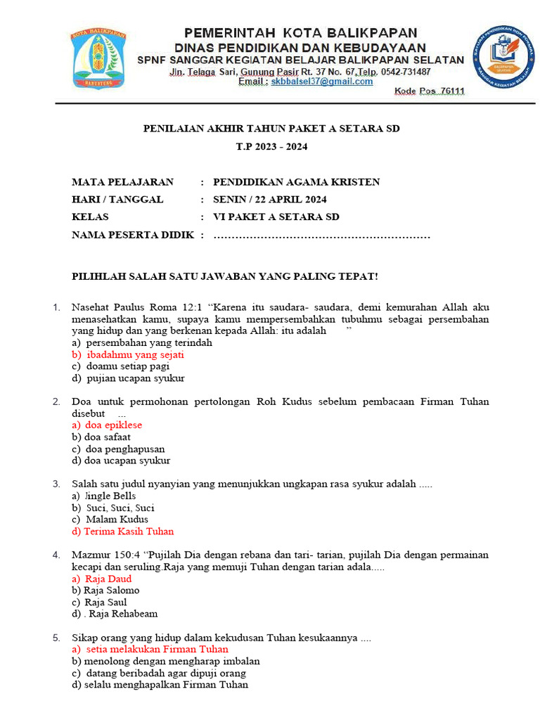 Soal Akm Agama Kristen Kelas 6 | PDF