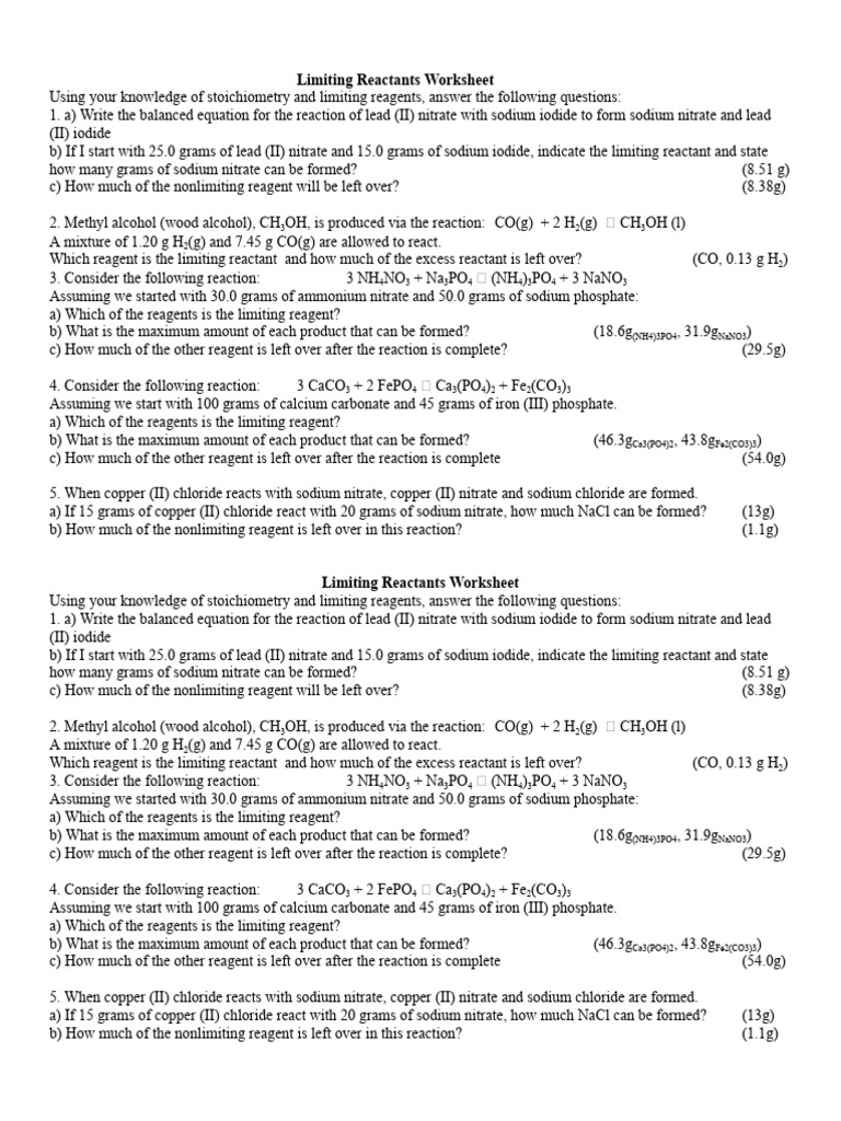 Limiting Reactant Worksheet | PDF | Stoichiometry | Chemical Reactions