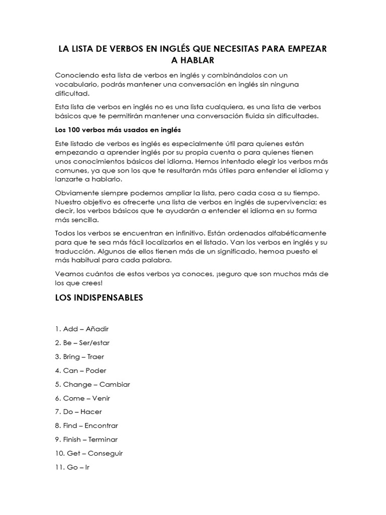 Verbos Básicos en Inglés para Conversar | PDF | Relaciones sintácticas ...