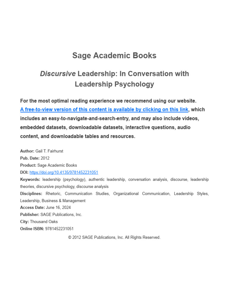 Discursive Leadership in Conversation With Leadership Psychology 1. 2 ...