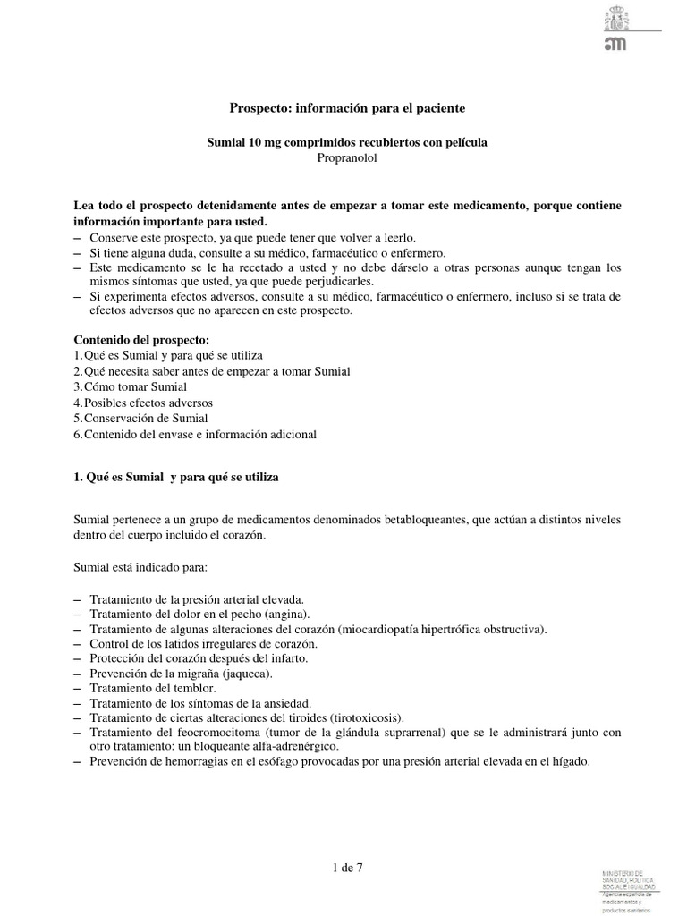 Prospecto: Información para El Paciente: Sumial 10 MG Comprimidos ...