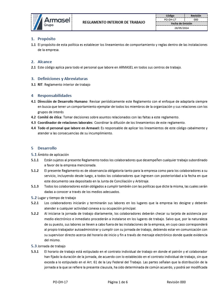 PO-DH-17 Reglamento Interior de Trabajo Rev 000 | PDF | Salario | Tiempo de trabajo