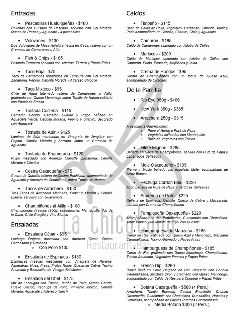 Menu Cenas Español - La Chicatana | PDF | ensalada | Martini (Cóctel)