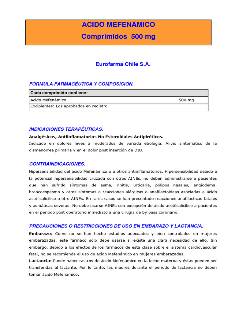 Bula Acido Mefenamico 500 MG en Comprimidos | PDF | Droga anti ...