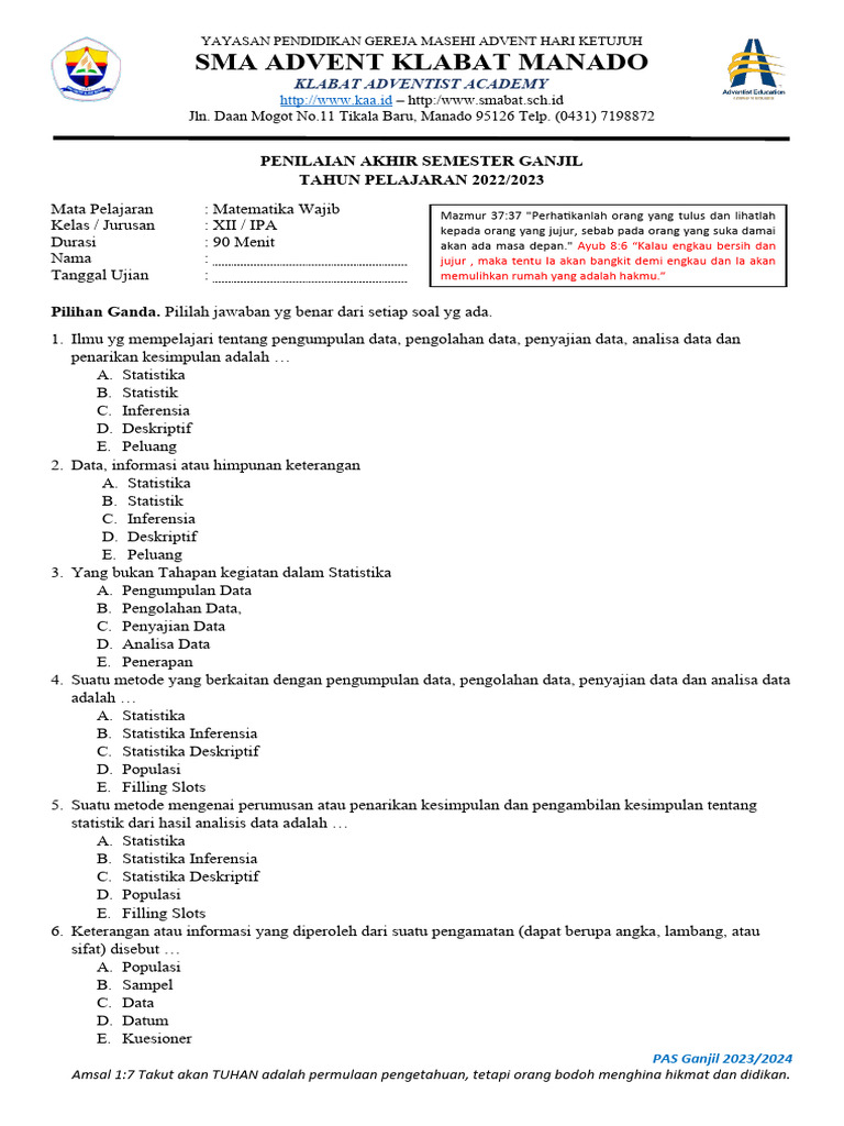 SOAL + JAWABAN Matematika Wajib 12 IPA PAS Ganjil 2023-2024 | PDF