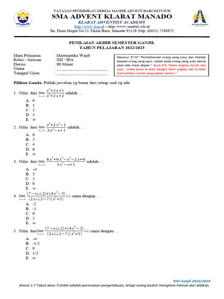 SOAL + JAWABAN Matematika Minat 12 IPA PAS Ganjil 2023-2024 | PDF