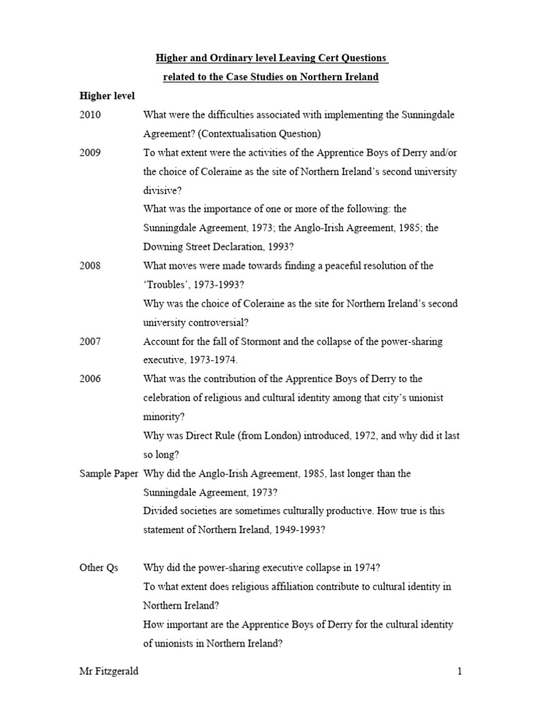 Leaving Cert Questions On Northern Ireland Case Studies | PDF ...