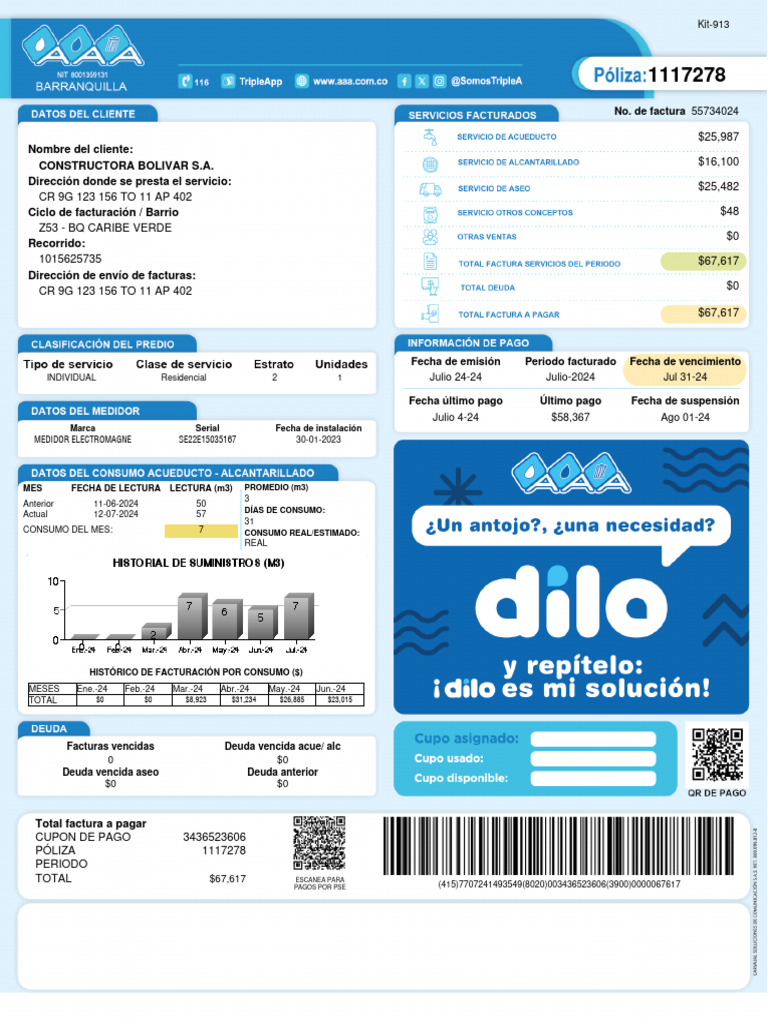 Factura de Servicios Residenciales - Jul 2024 | PDF
