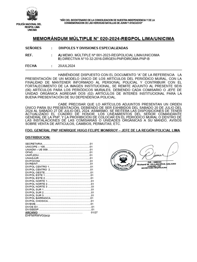 Memo-Mult #020-2024-Regpol Lima-Unicima | PDF | Perú | América del Sur