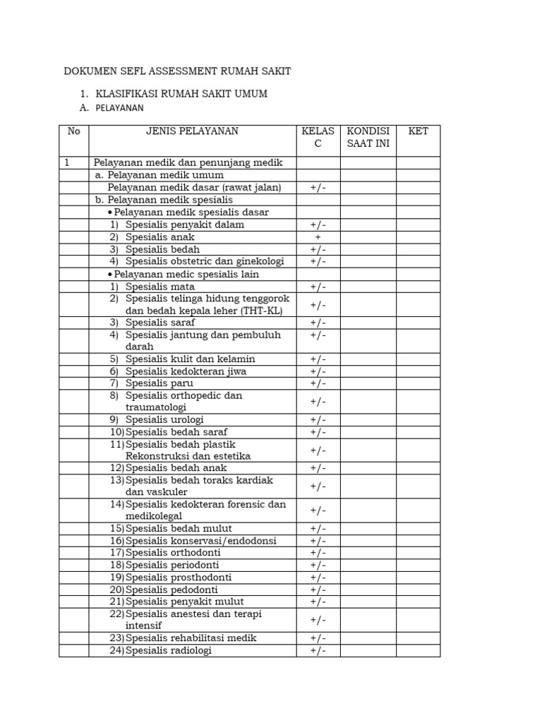 Dokumen Self Assessment Rumah Sakit Kelas C | PDF | Sains & Matematika