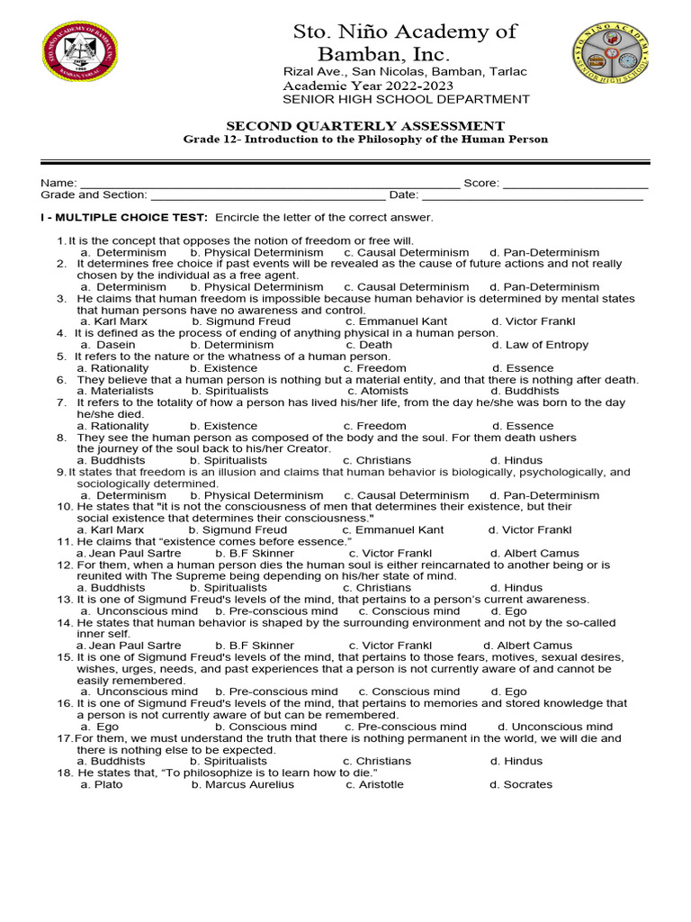 Grade 12 Philosophy Assessment Guide | PDF | Mind | Determinism