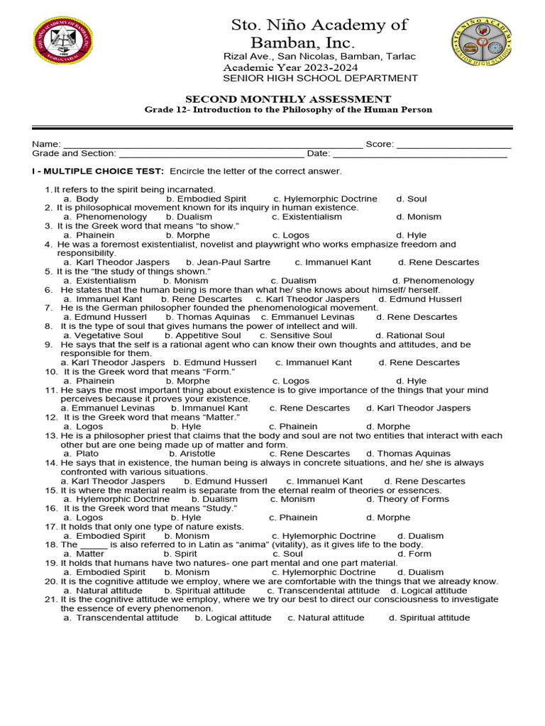 2nd Monthly Exam Grade 12 - Philosophy of The Human Person - Lesson 5 ...