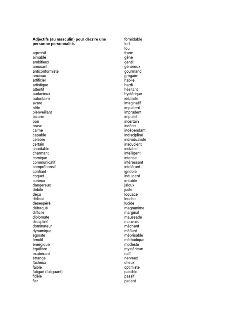 Adjectifs pour Décrire une Personne | PDF | Anatomie humaine | Système ...