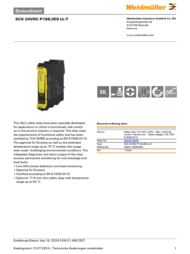 Weidmuller SIL Relays 24V DC With Line Monitoring Data Sheet | PDF | Relay | Power Supply