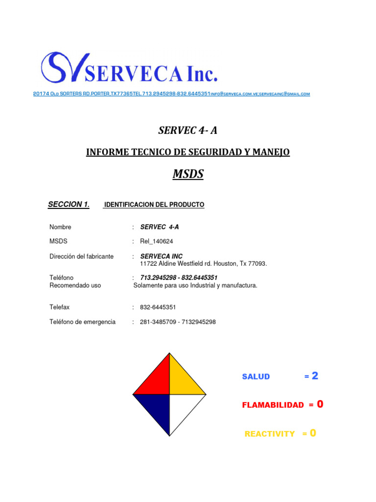 Servec - 4a Msds Span. Sga. 01-2024 | PDF | Quemar | Agua