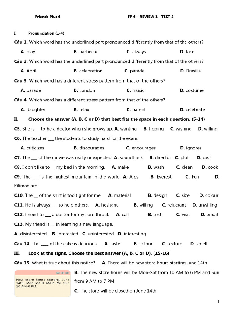 Friends Plus 6 - Review Mid Term 2 - Test 2 | PDF