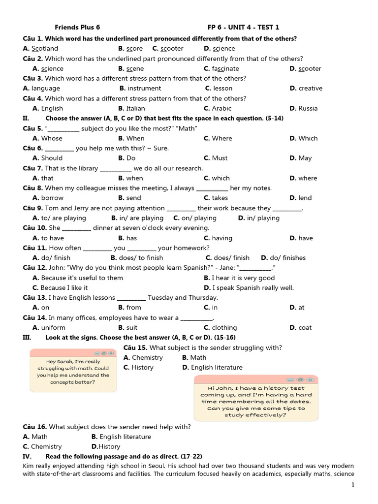 Friends Plus 6 - Unit 4 - Test 1 Review | PDF | Curriculum