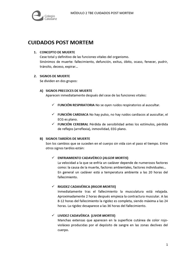Tbe Cuidados Post Mortem | Descargar gratis PDF | Descomposición | Fisiología