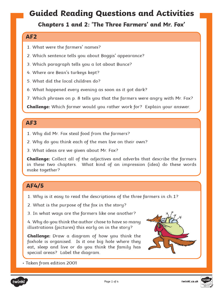 Mr. Fox Guided Reading Questions | PDF | Home & Garden | General Fiction