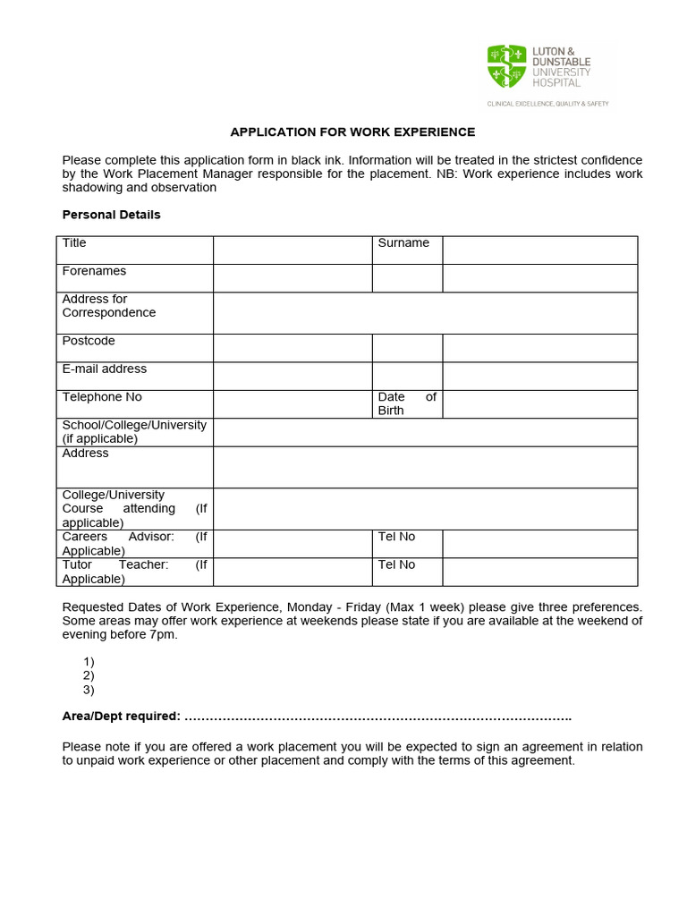 Work Experience Application Form | PDF | Internship | Job Hunting