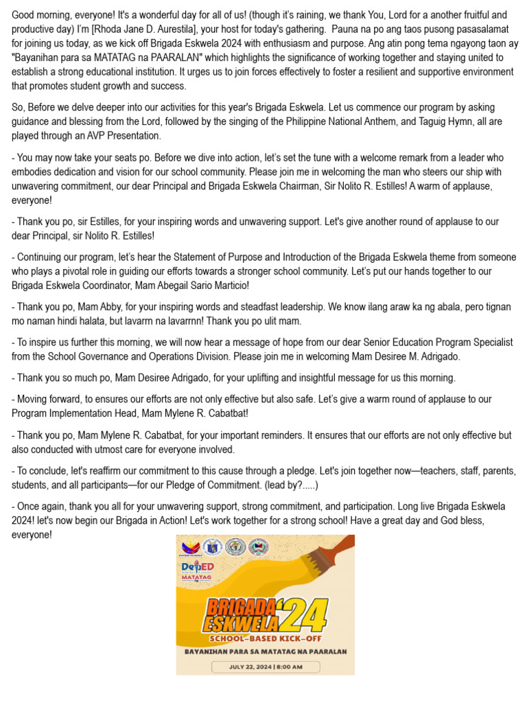 Brigasa Eskwela (BE) 2024 Emcee Script | PDF