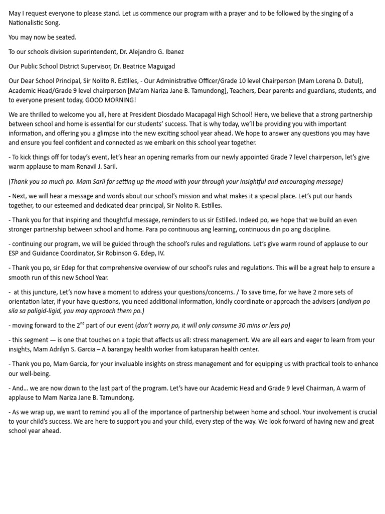 Parents Orientation Emcee (MC) Script | PDF | Psychology