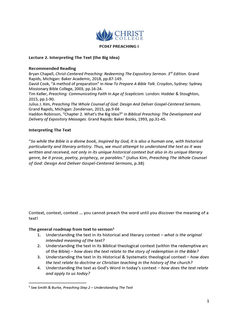 Lecture 2 - Interpreting The Text (BI) Outline | PDF | Sermon | Bible