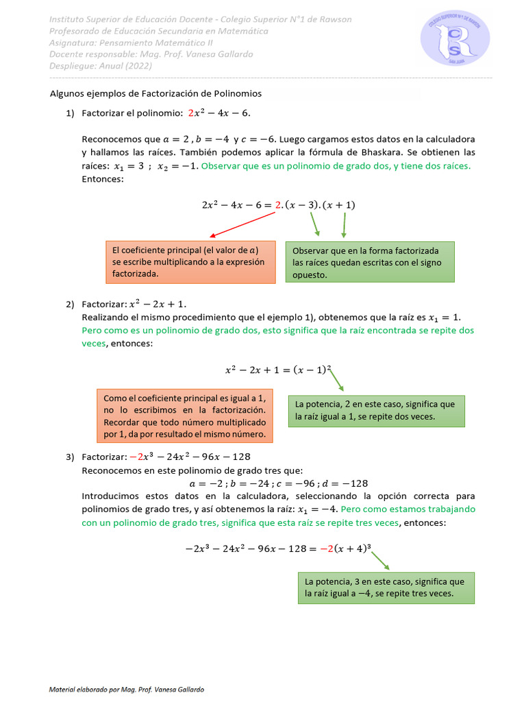 Apunte de Apoyo para Factorizacion de Polinomios. Ejemplos. | PDF | Factorización | Álgebra ...