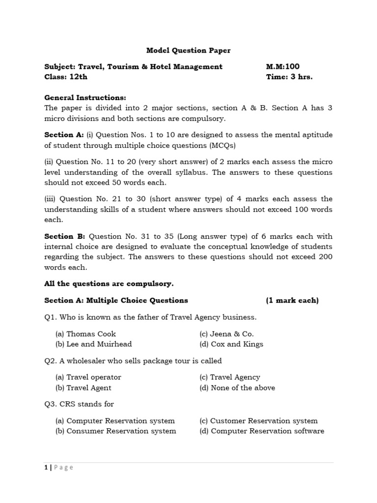 Tourism and Hotel Management Modelpaper12th | PDF | Travel Agency | Tourism