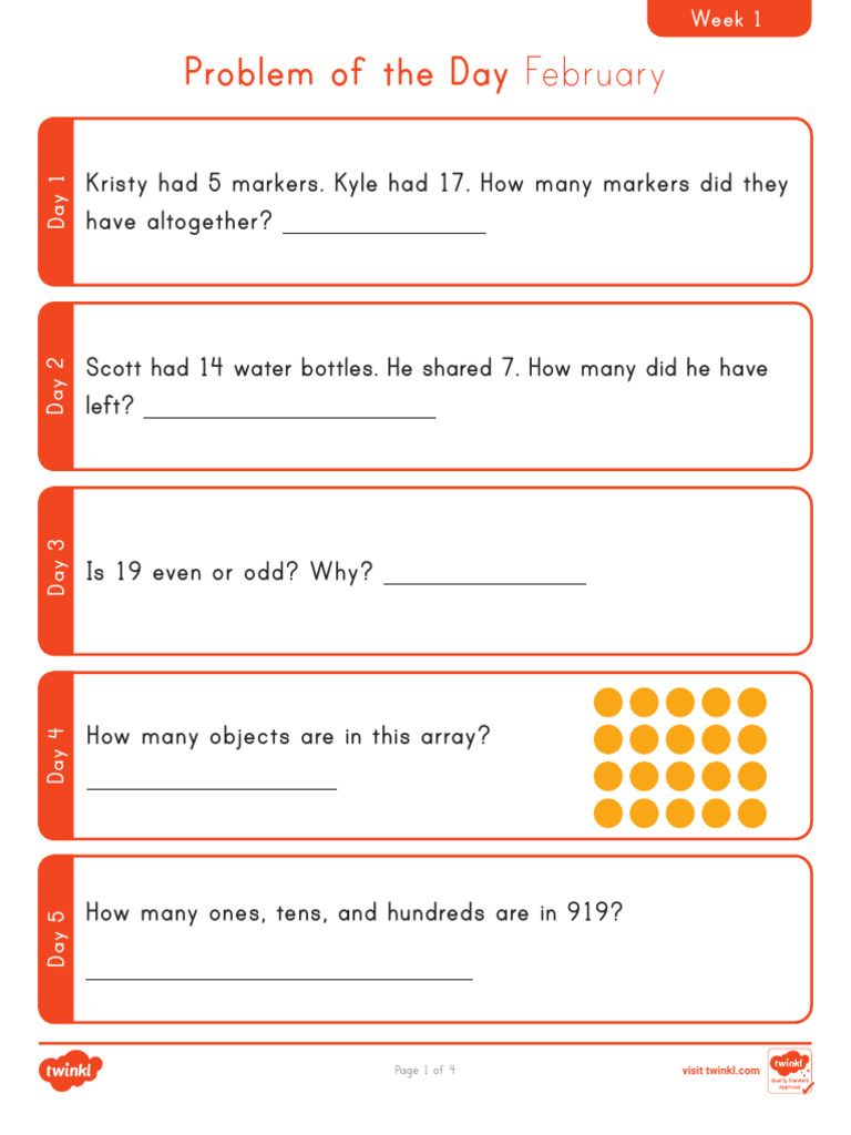 Second Grade Math Problem of The Day February Activity | PDF | Mathematics