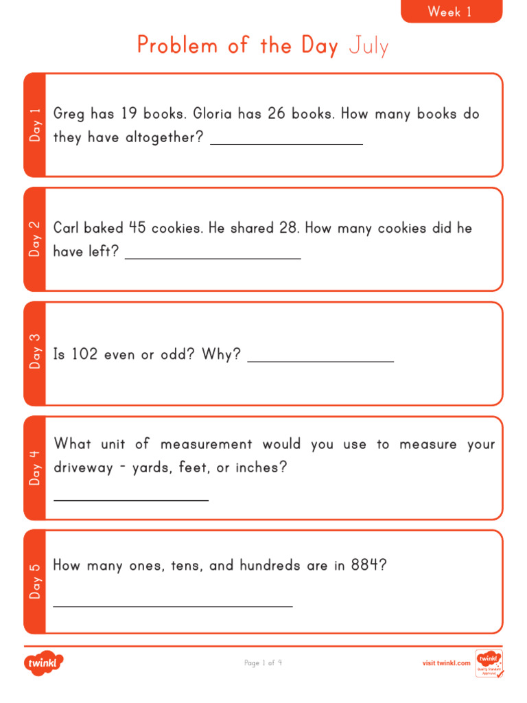 Second Grade Math Problem of The Day July Activity | PDF | Mathematics