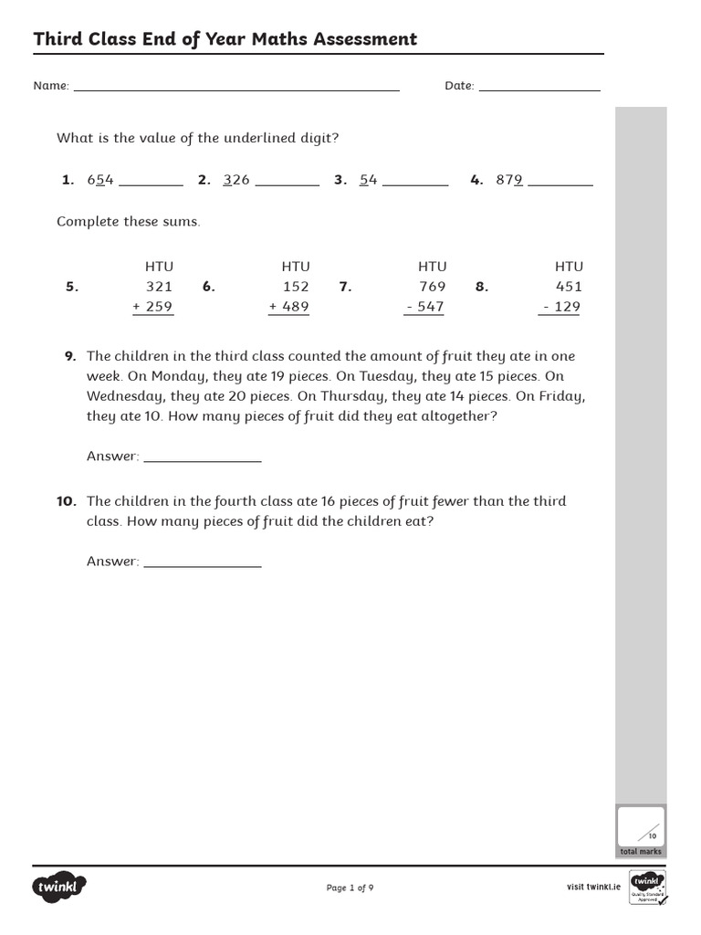 third-class-end-of-year-maths-assessment-pack_ver_4 | PDF | Mathematics