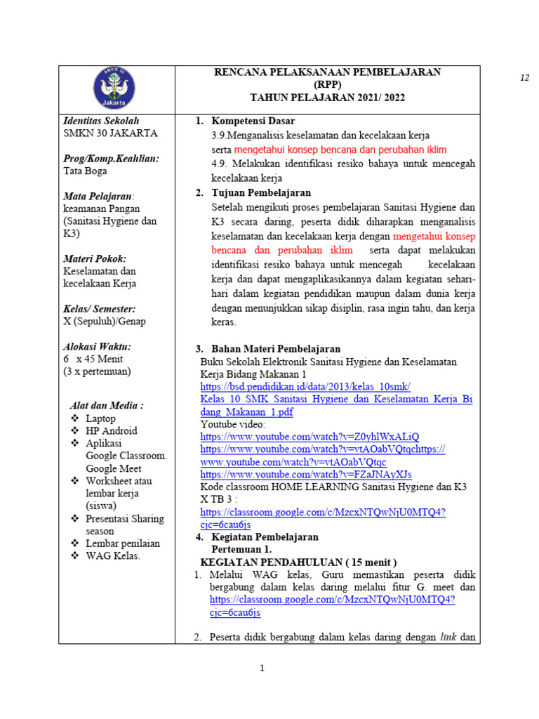 RPP Keselamatan Kerja Dan Mitigasi - PARIWISATA - TATA BOGA | PDF | Seni