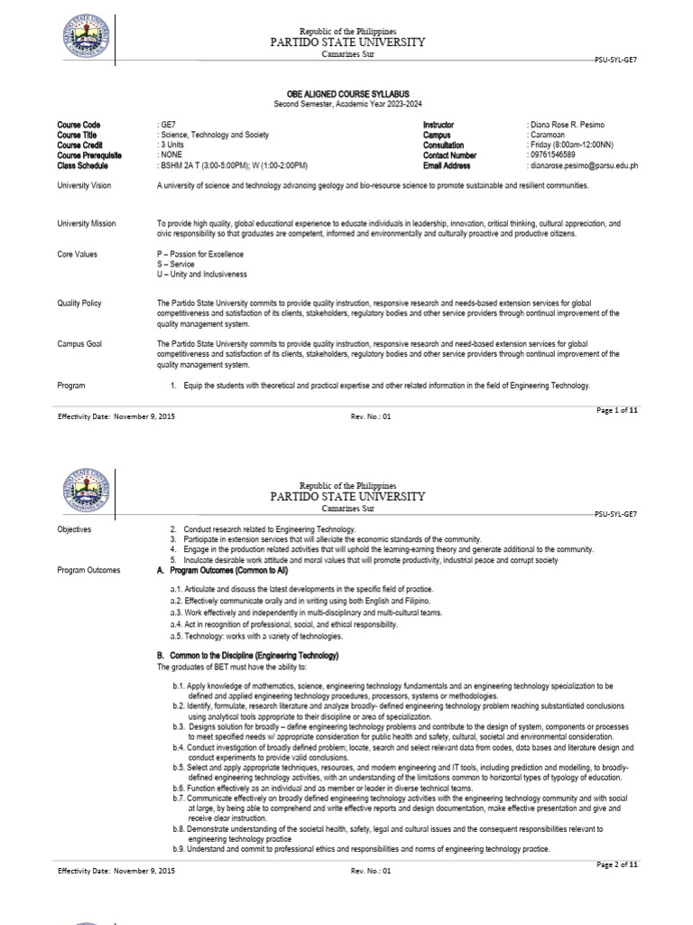 Ge7 - STS - BSHM 2a - Obe Course Syllabus | PDF | Engineering | Science