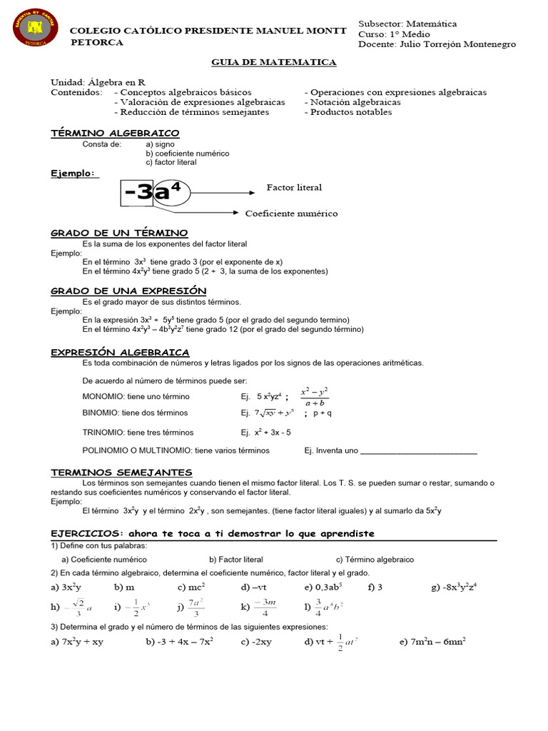 Guía de Álgebra para 1° Medio | PDF | Álgebra | Matemáticas