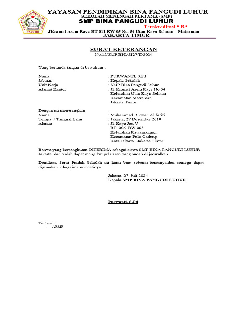 Surat Keterangan SMP 1 | PDF