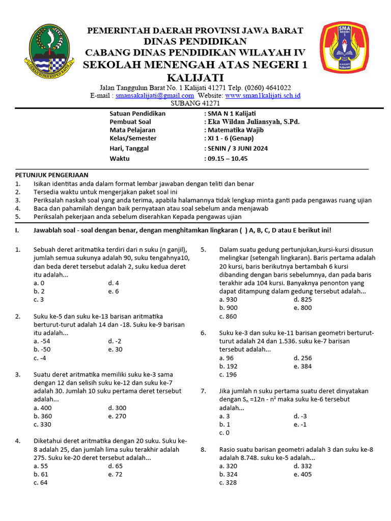 Soal PAT Matematika Wajib Kelas | PDF | Metode & Bahan Ajar