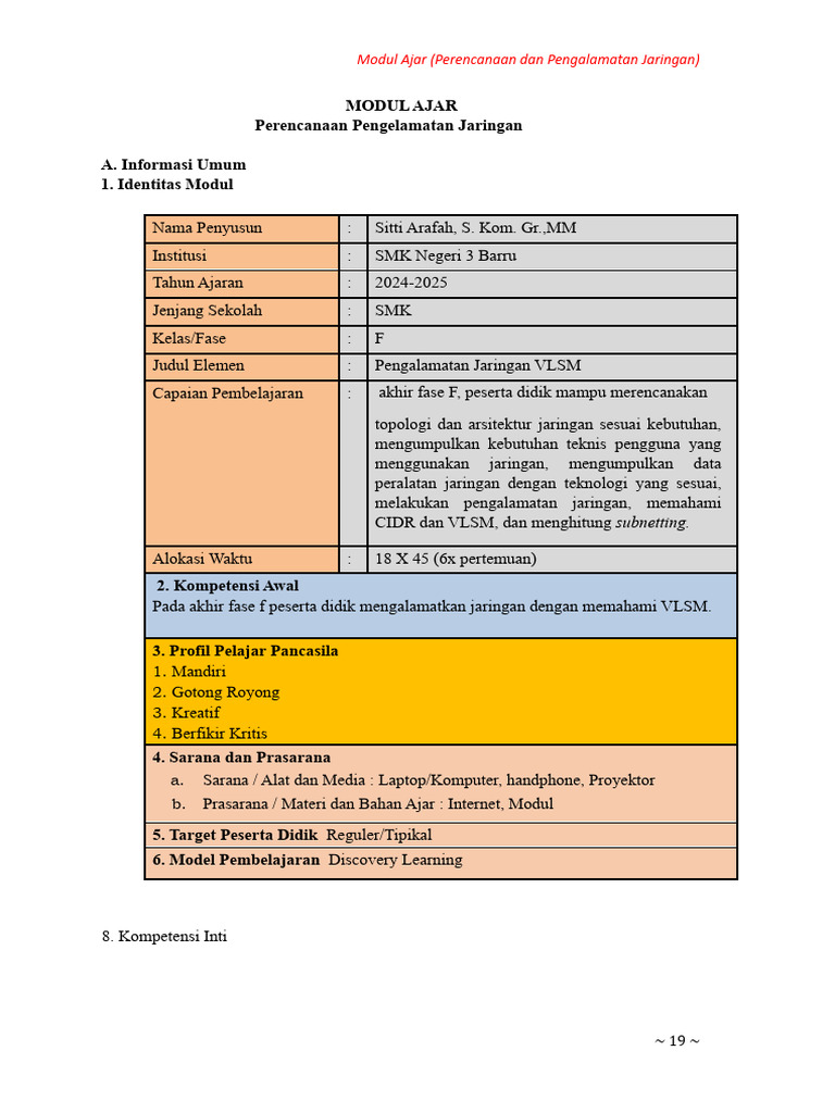 Modul Ajar Pengalamatan Jaringan VLSM | PDF